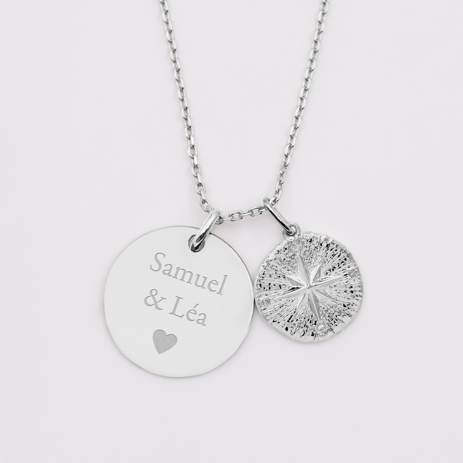 Personalised Engraved Silver Disc Pendant 19 mm and Textured Compass ...