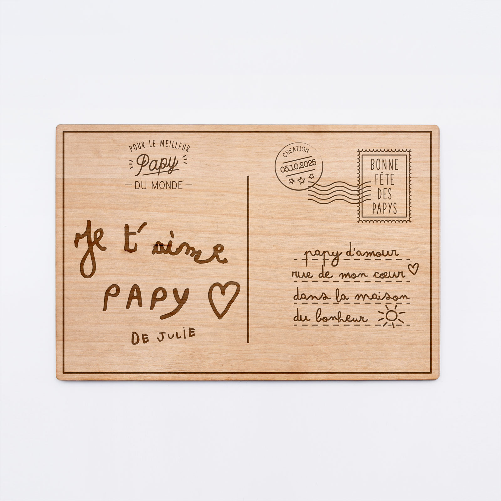 Cadre personnalisé carte postale "Bonne fête papy" bois gravé 15x10 cm | HappyBulle