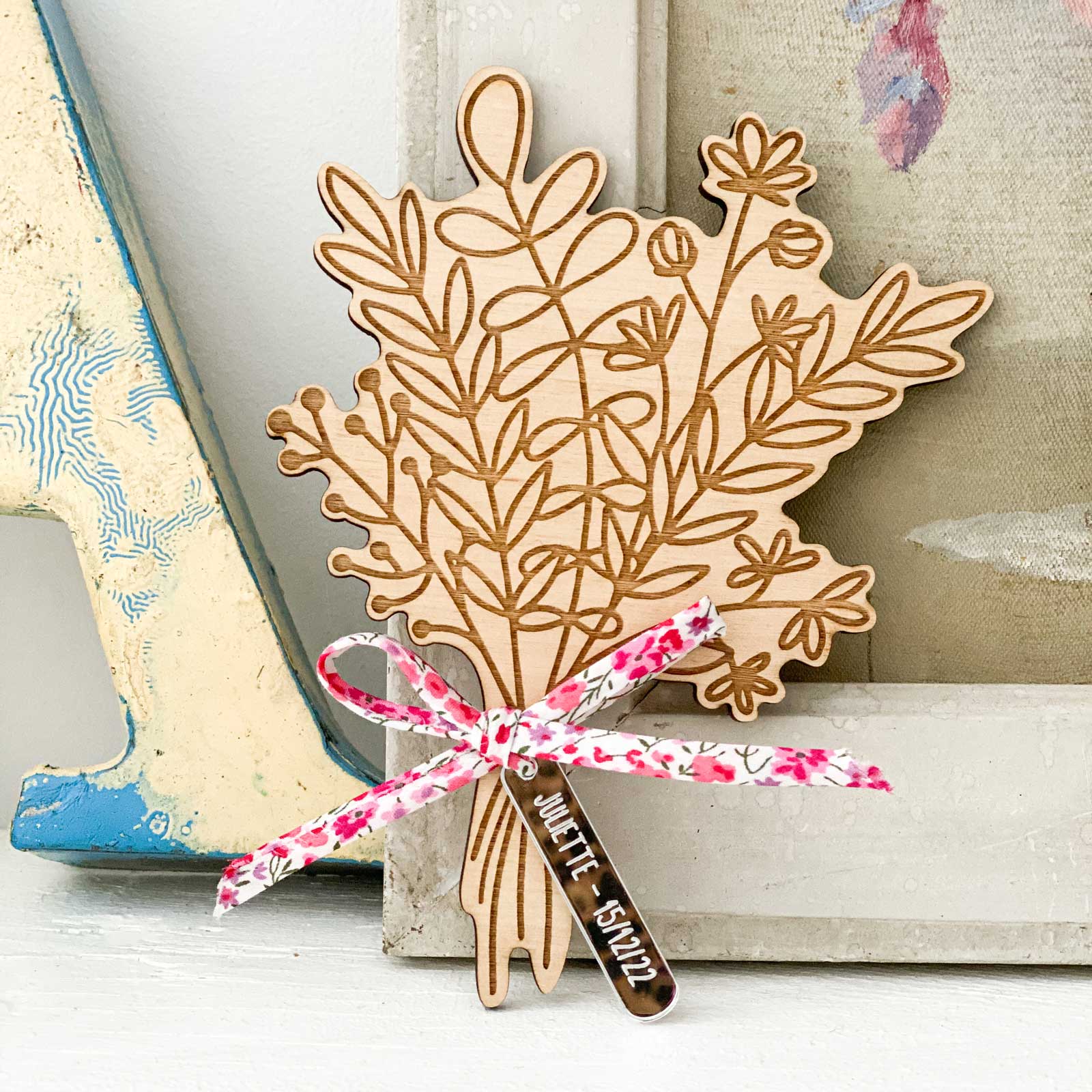 Magnet bouquet de fleurs personnalisé bois gravé 13x10 cm et breloque ...