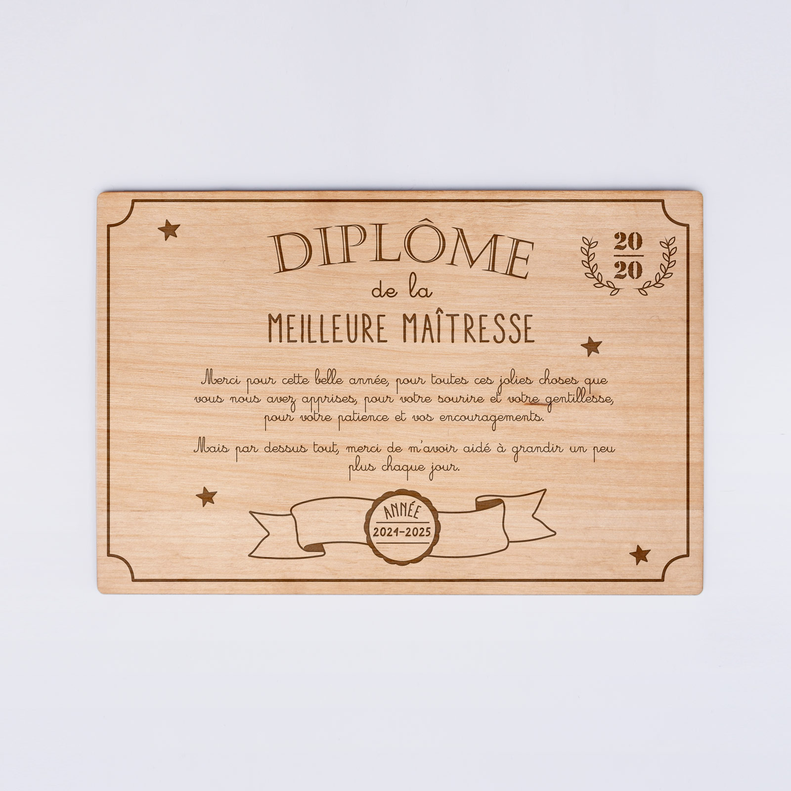 Diplôme de la meilleure maîtresse en bois personnalisé gravé avec support 15x10 cm | HappyBulle