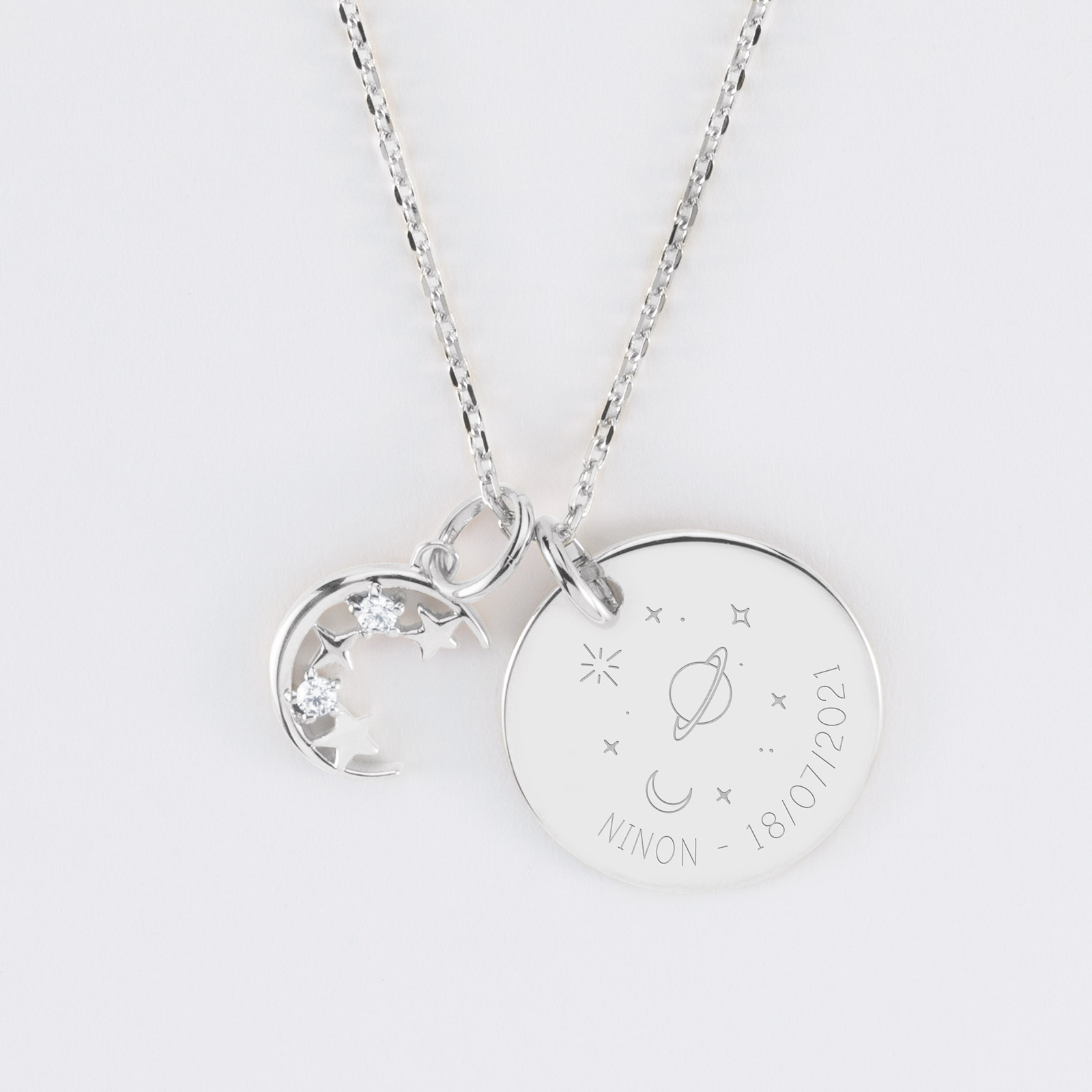 Silver Personalised Engraved 19 mm Pendant with Sparkle Moon Charm ...