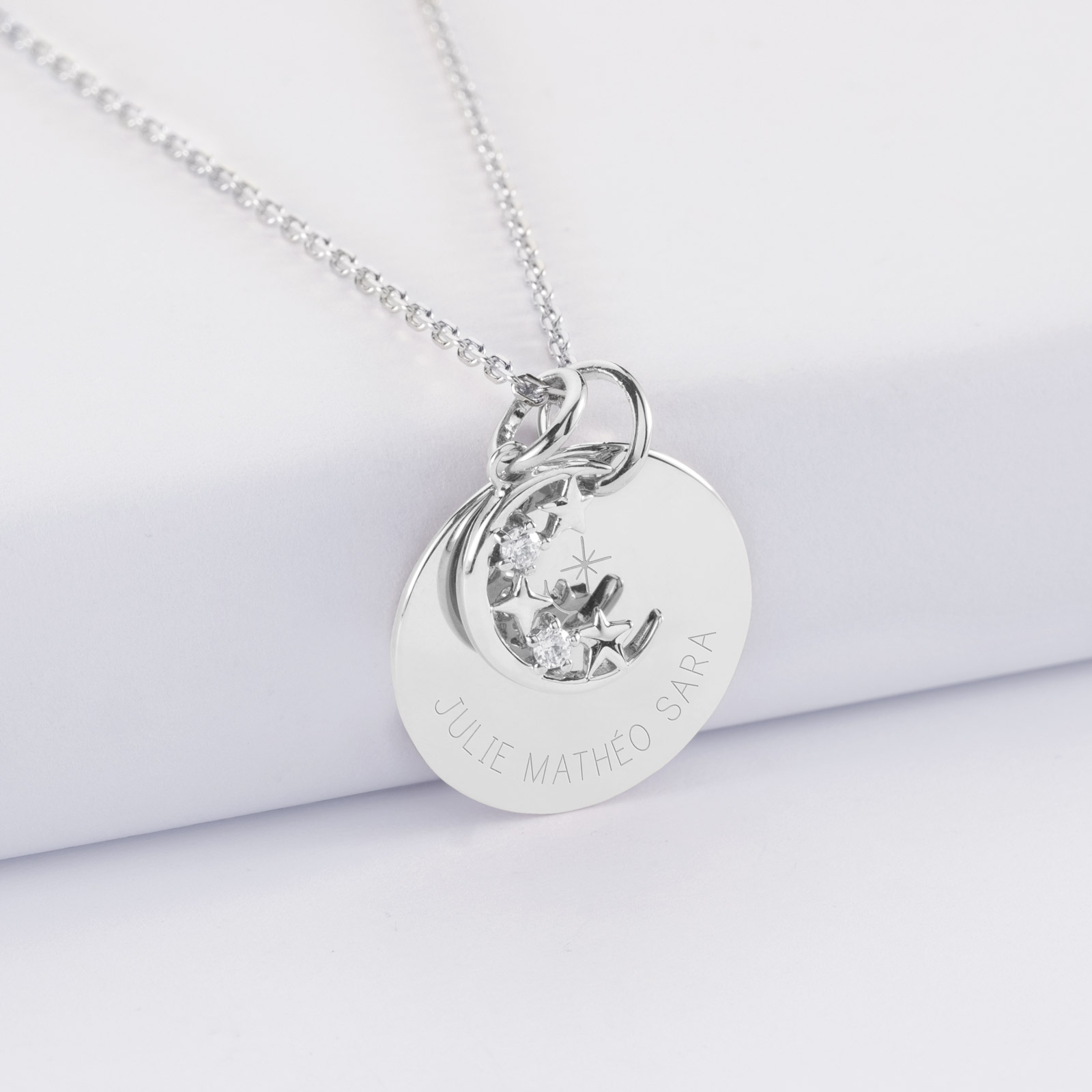 Silver Personalised Engraved 19 mm Pendant with Sparkle Moon Charm ...