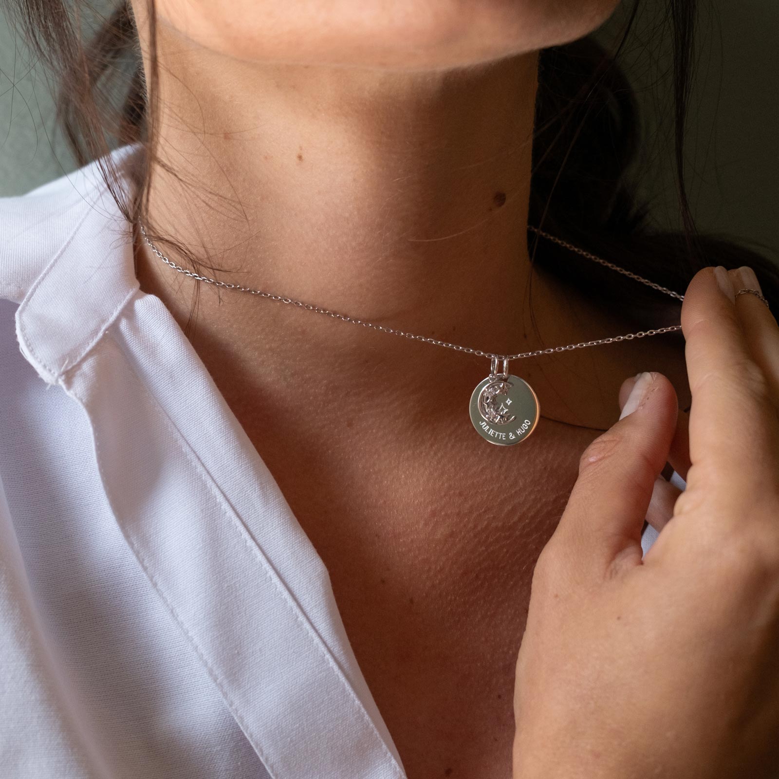 Silver Personalised Engraved 19 mm Pendant with Sparkle Moon Charm ...