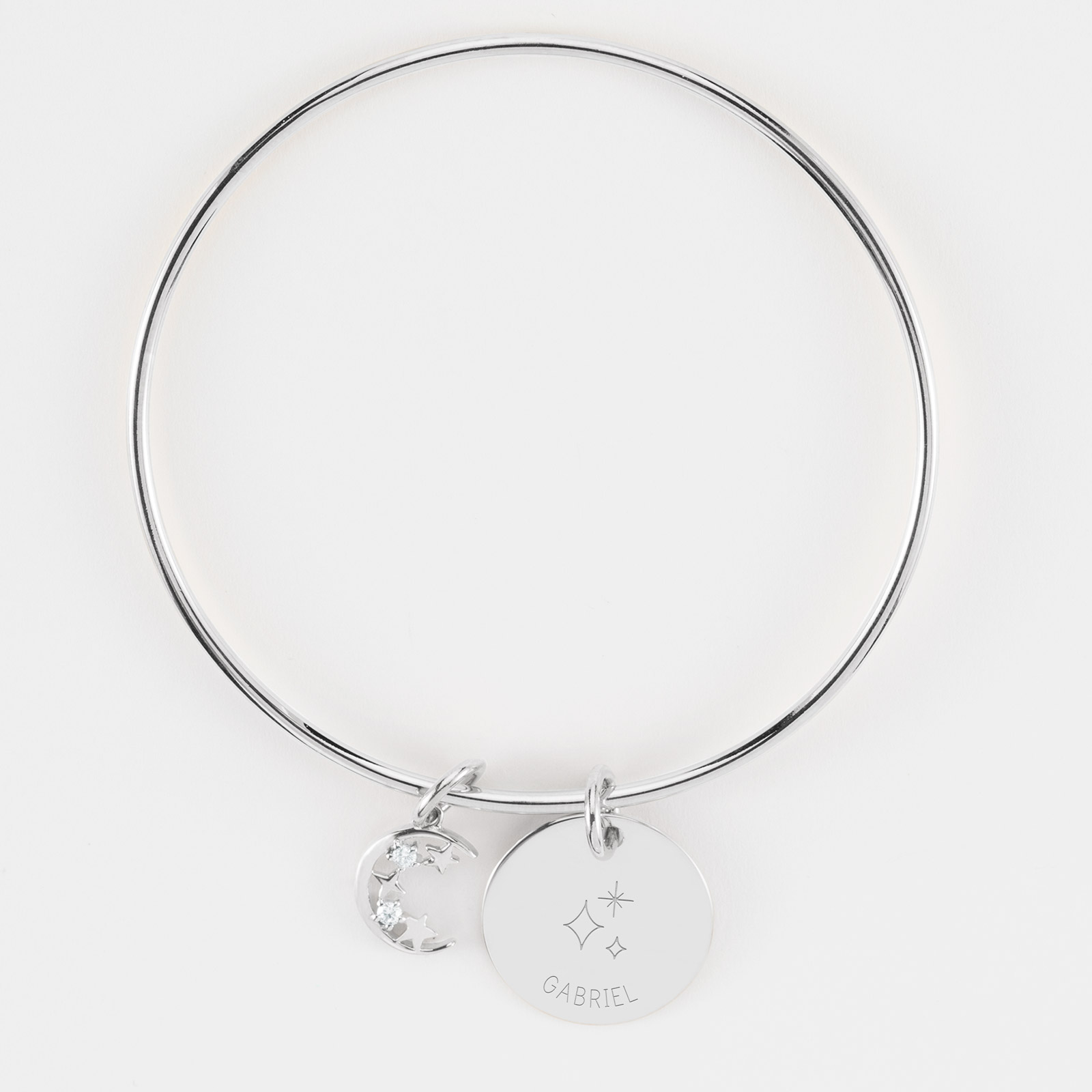 Bracelet personnalisé jonc argent breloque 11 mm lune scintillante et médaille 19 mm gravée ...