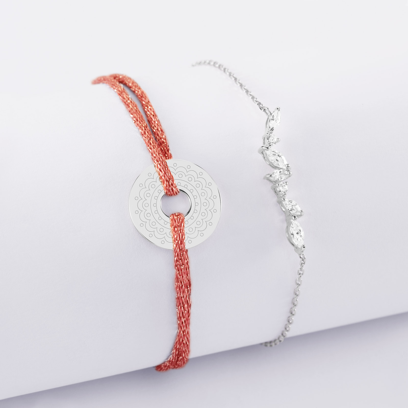 Duo bracelets cordon pailleté médaille argent personnalisée gravée cible 16 mm et chaine ...