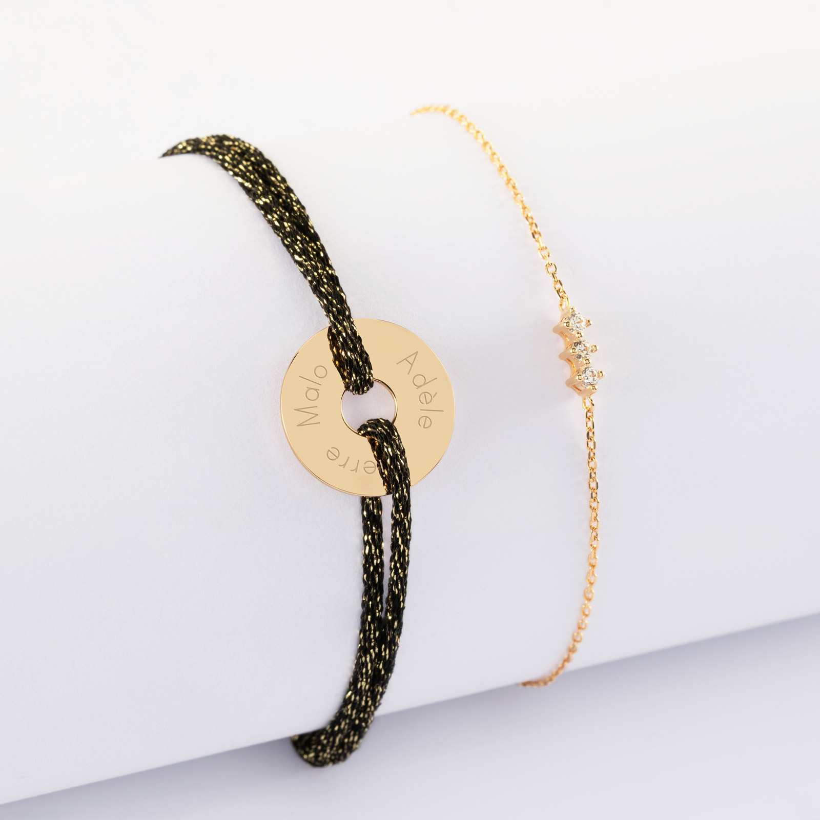 Duo bracelets cordon pailleté médaille plaqué or personnalisée gravée cible 16 mm et chaine trio ...