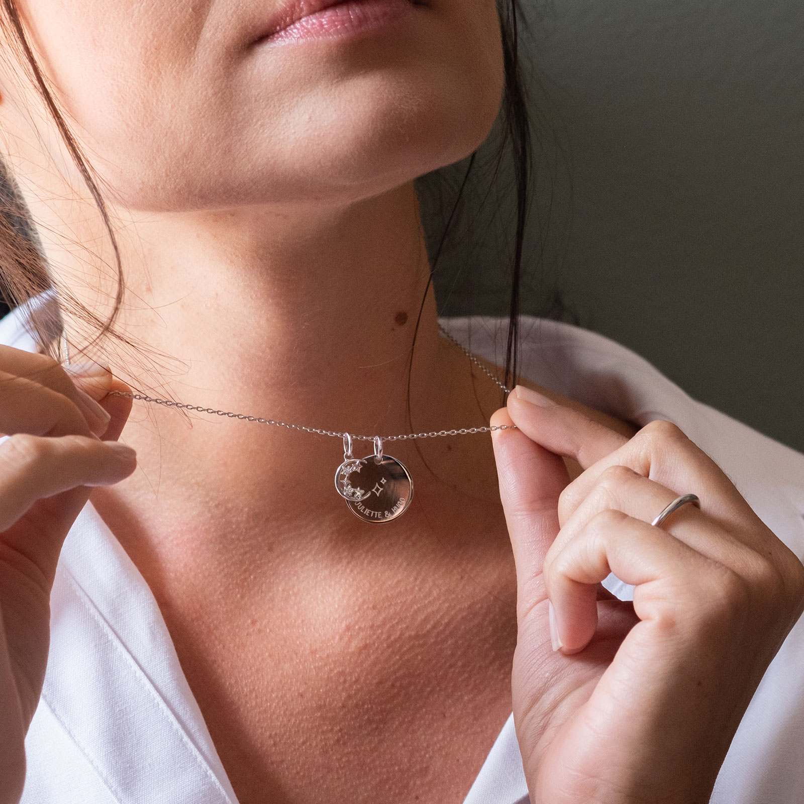 Silver Personalised Engraved 19 mm Pendant with Sparkle Moon Charm ...
