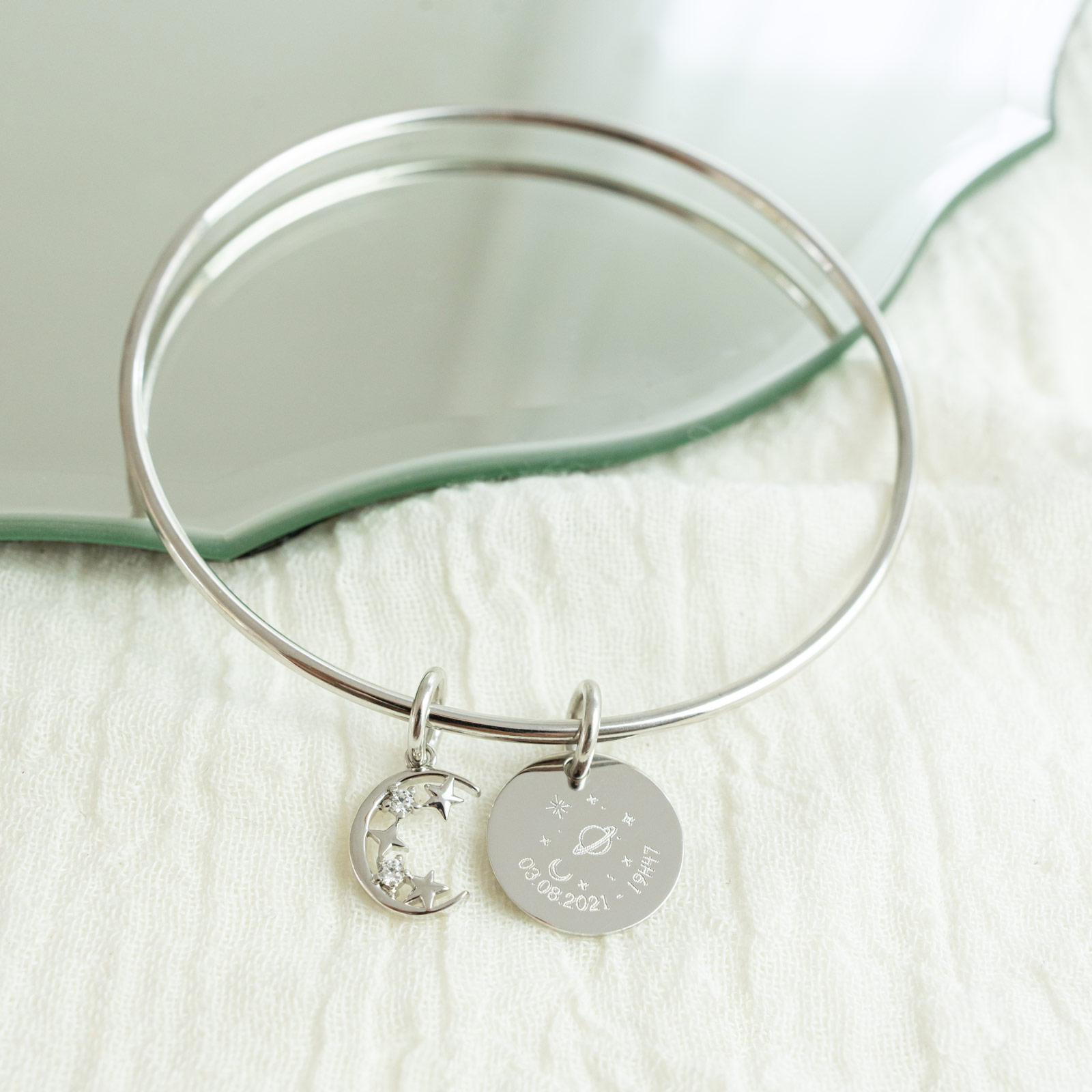 Personalised Silver Bangle with Engraved 15 mm Disc and Sparkle Moon ...