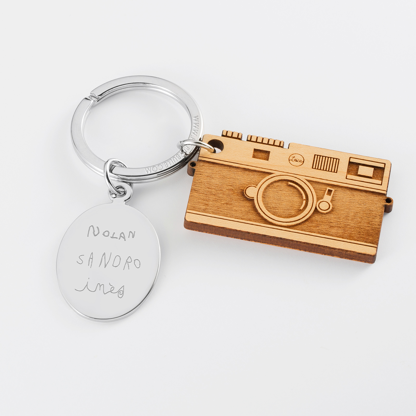 Personalised Wooden Camera Keyring and Engraved Oval Steel Charm ...